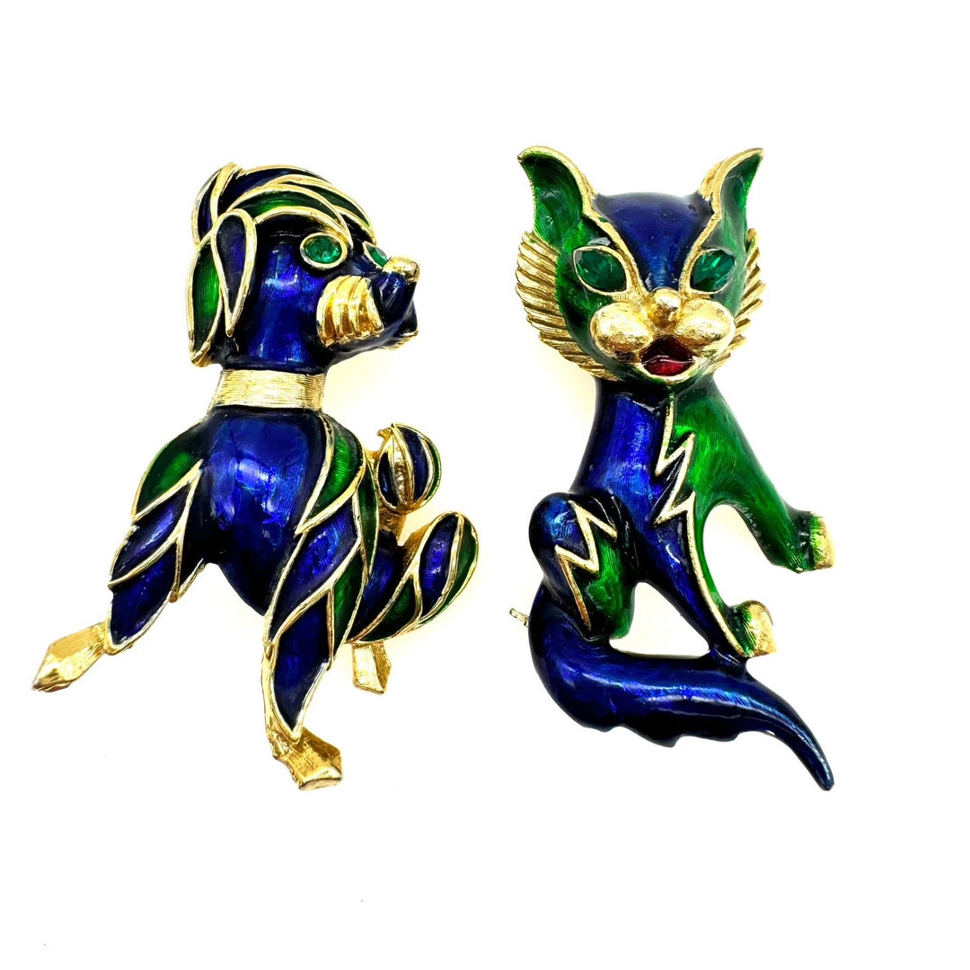 Sphinx RARE Matching Dog & Cat Enamel and Rhinestone Brooches - Etsy