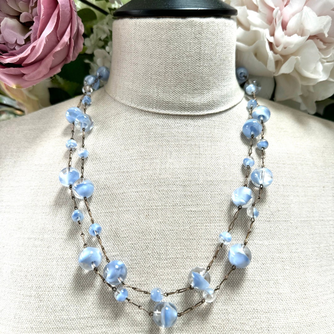 1920s Flapper Necklace 119cm Long Blue Marble Glass Beads With ...