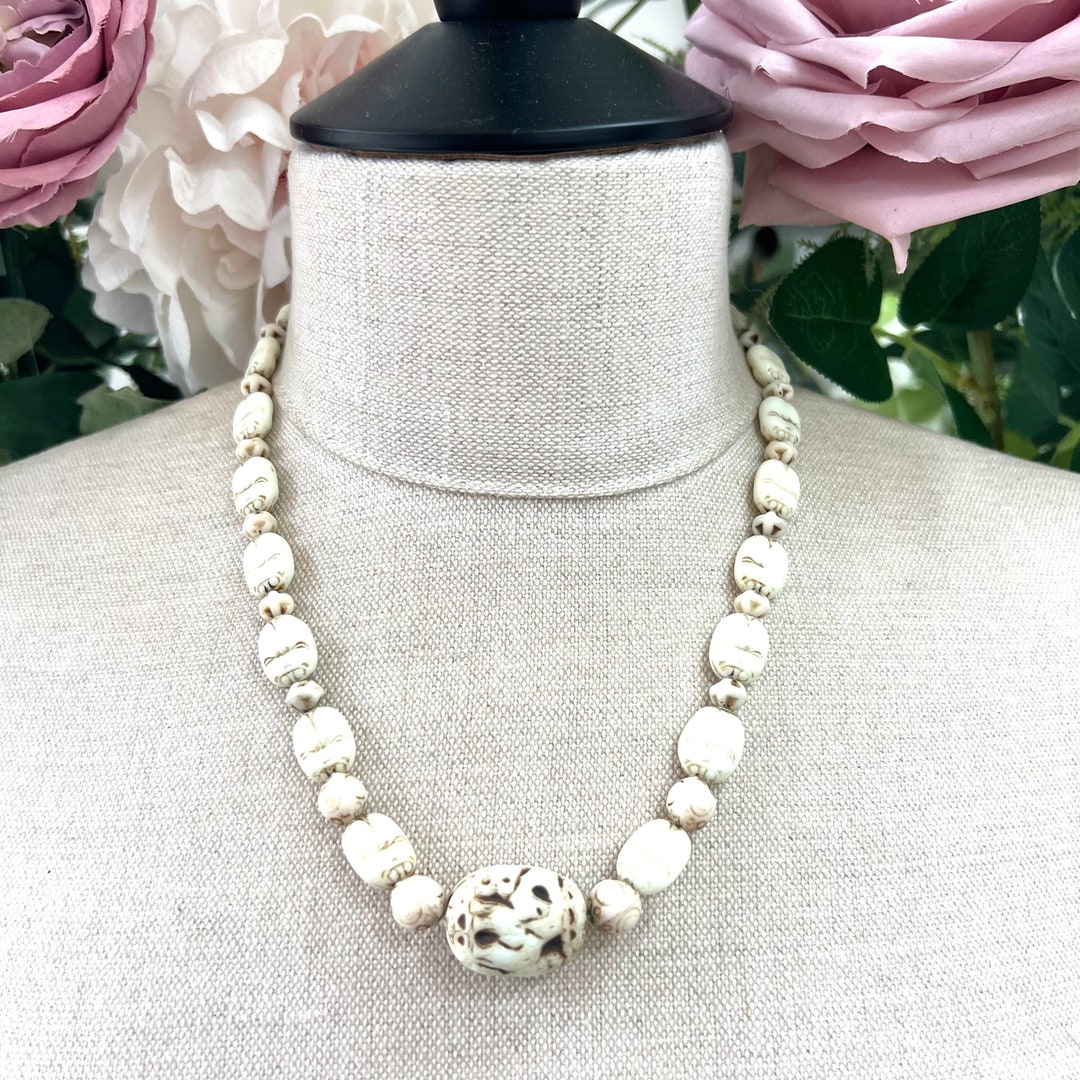 Max Neiger 1920's Uranium Glass Art Deco Scarab and Elephant Necklace ...