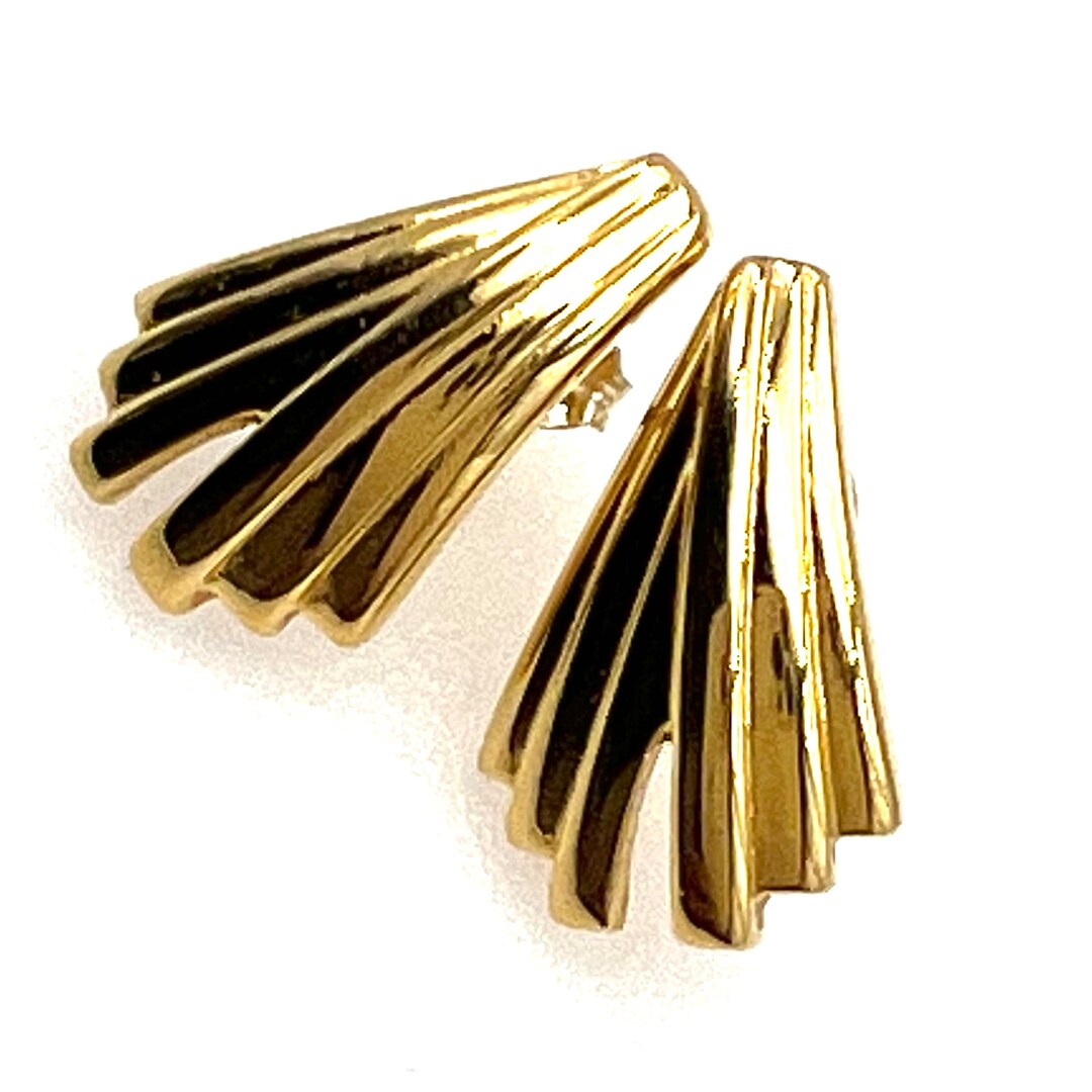 Monet Gold Plated Modernist Ridged Fan Pierced Earrings With brand New ...