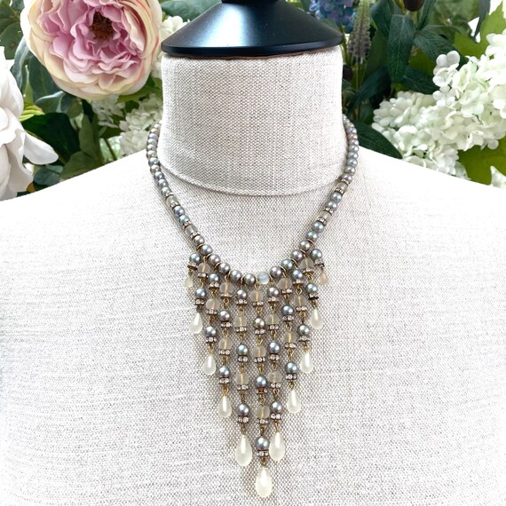 Christian Dior Frosted Glass and Faux Pearl Fringed Bib Necklace Etsy