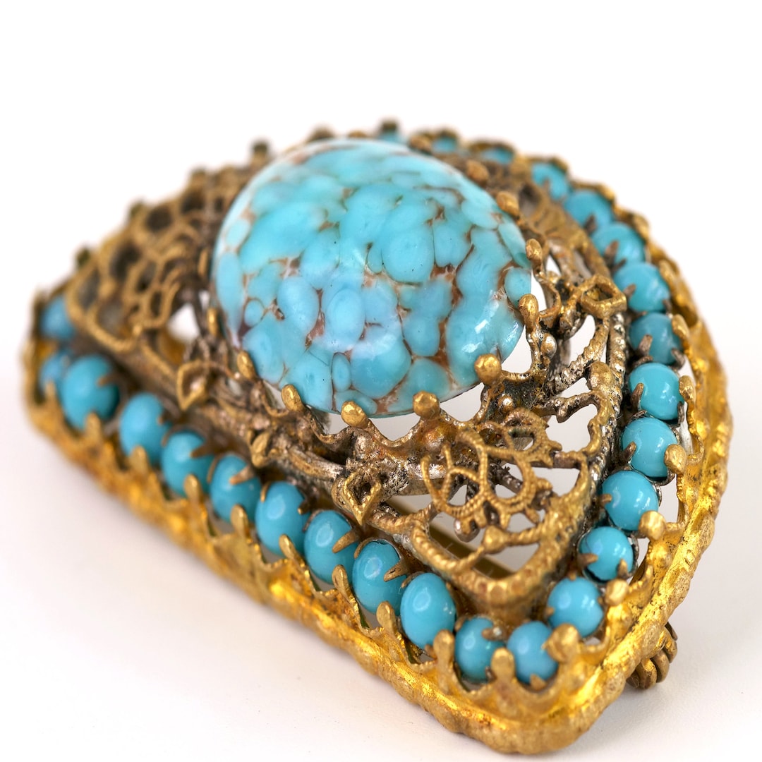 Victorian or Czech Faux Turquoise Gold Tone Brooch (377) With Trombone ...