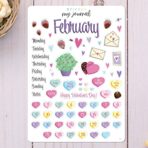 February Monthly Bullet Journal Sticker Kit Valentines | Etsy