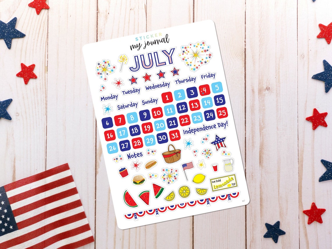 July Bullet Journal Sticker Sheet Basics Patriotic - Etsy