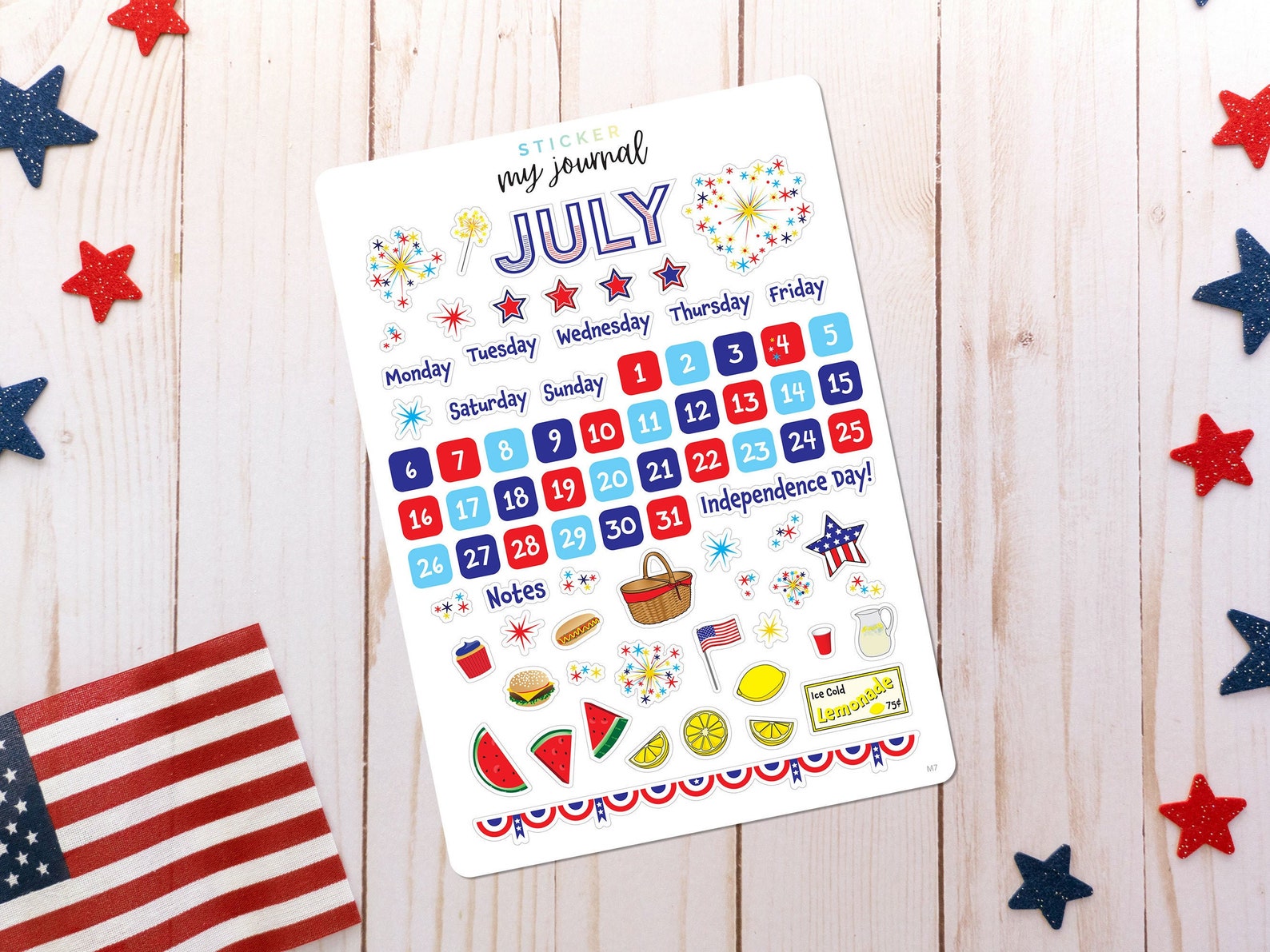 July Bullet Journal Sticker Sheet Basics Patriotic - Etsy