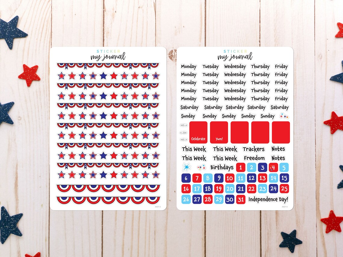 July Monthly Bullet Journal Sticker Kit Patriotic Stickers - Etsy