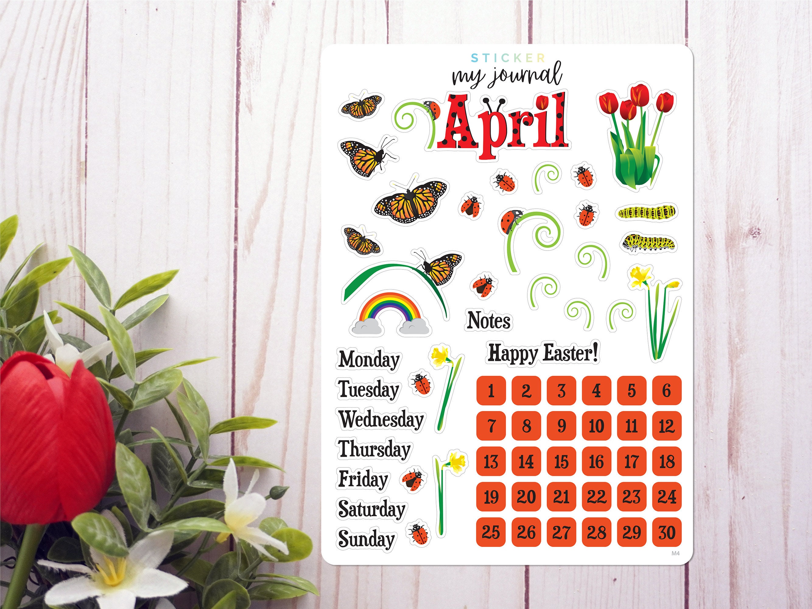 April Bullet Journal Sticker Sheet - Basics - Spring Themed Stickers ...