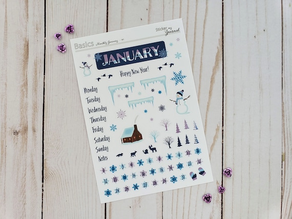 January Bullet Journal Sticker Sheet Basics Winter Themed | Etsy