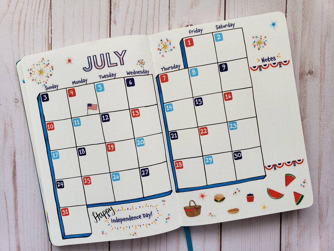 July Bullet Journal Sticker Sheet Basics Patriotic - Etsy