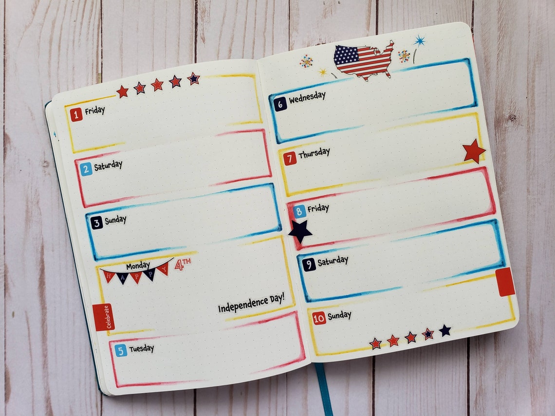 July Monthly Bullet Journal Sticker Kit Patriotic Stickers - Etsy