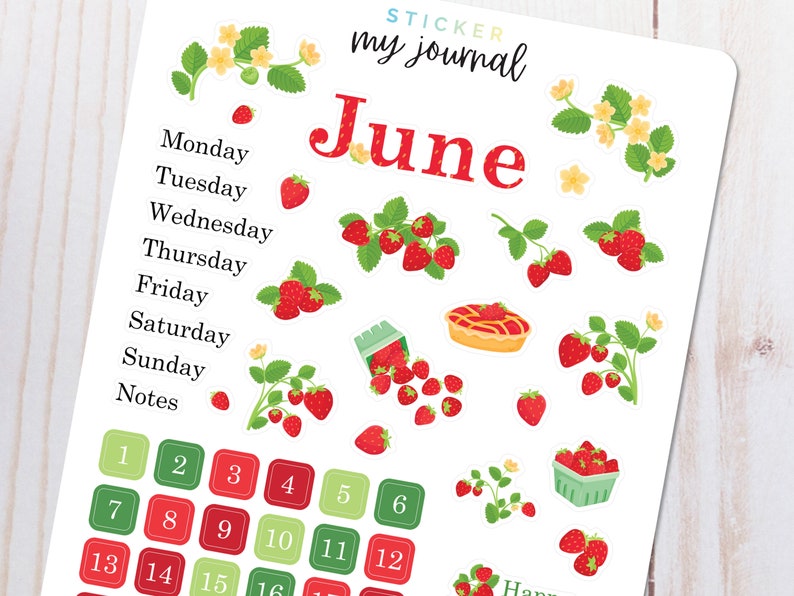June Bullet Journal Sticker Sheet Basics Strawberry Themed - Etsy