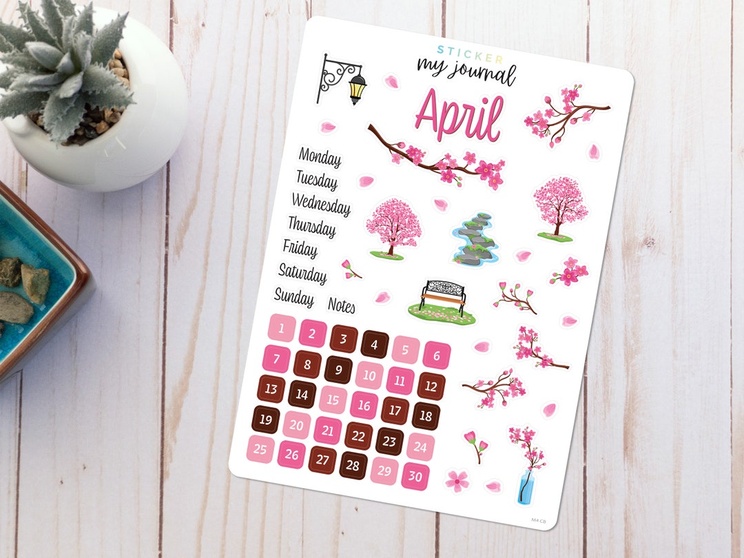 April Bullet Journal Sticker Sheet - Basics - Cherry Blossom Themed ...