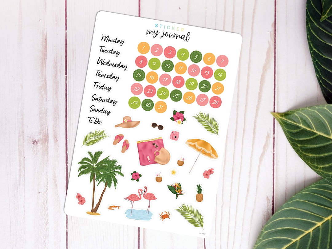 Tropical Beach Vacation Any Month Undated Bullet Journal Sticker Sheet ...