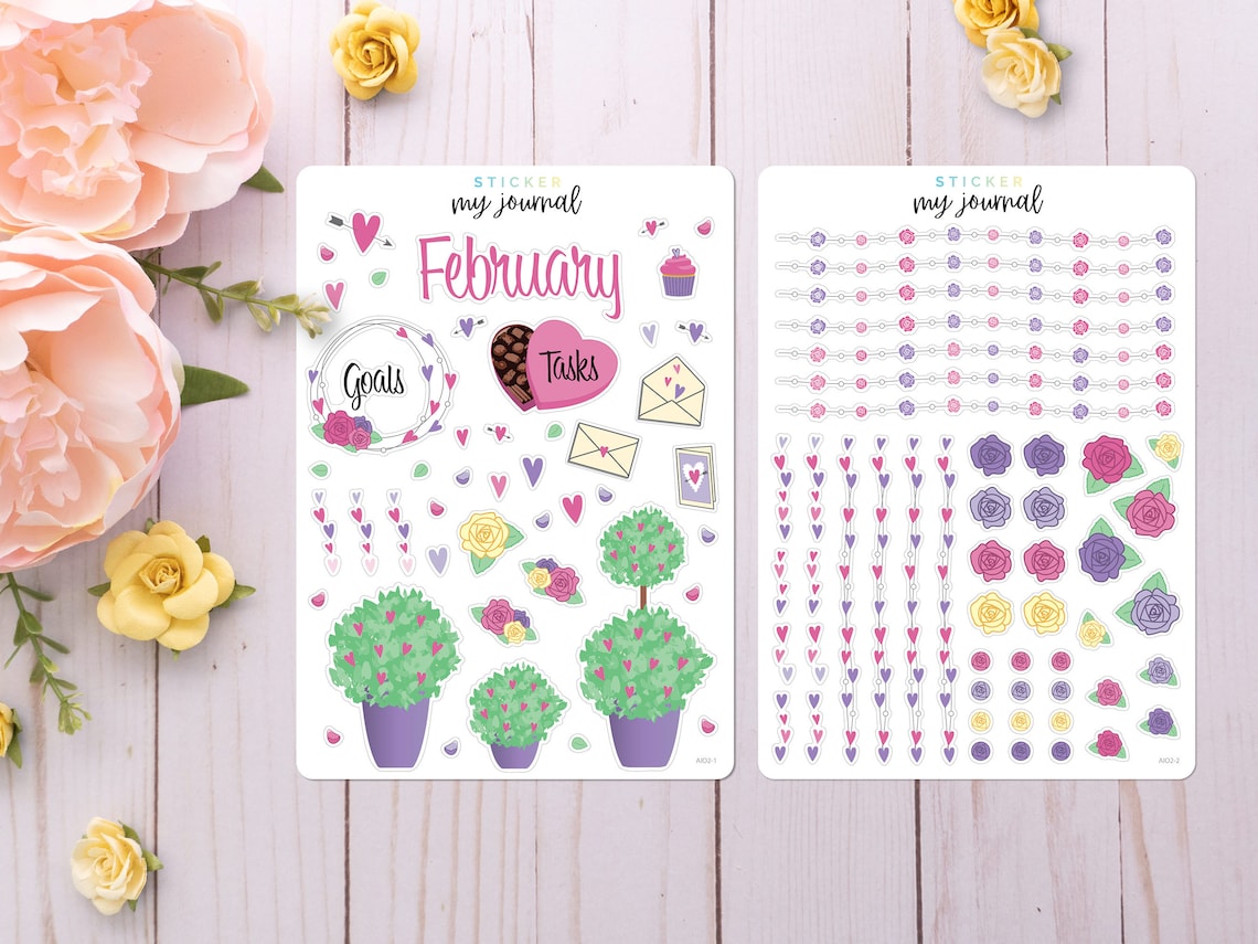February Monthly Bullet Journal Sticker Kit Valentines | Etsy