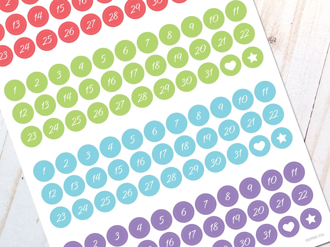 Date Dots | Celebration | Days of the Month Number Stickers - Colorful ...
