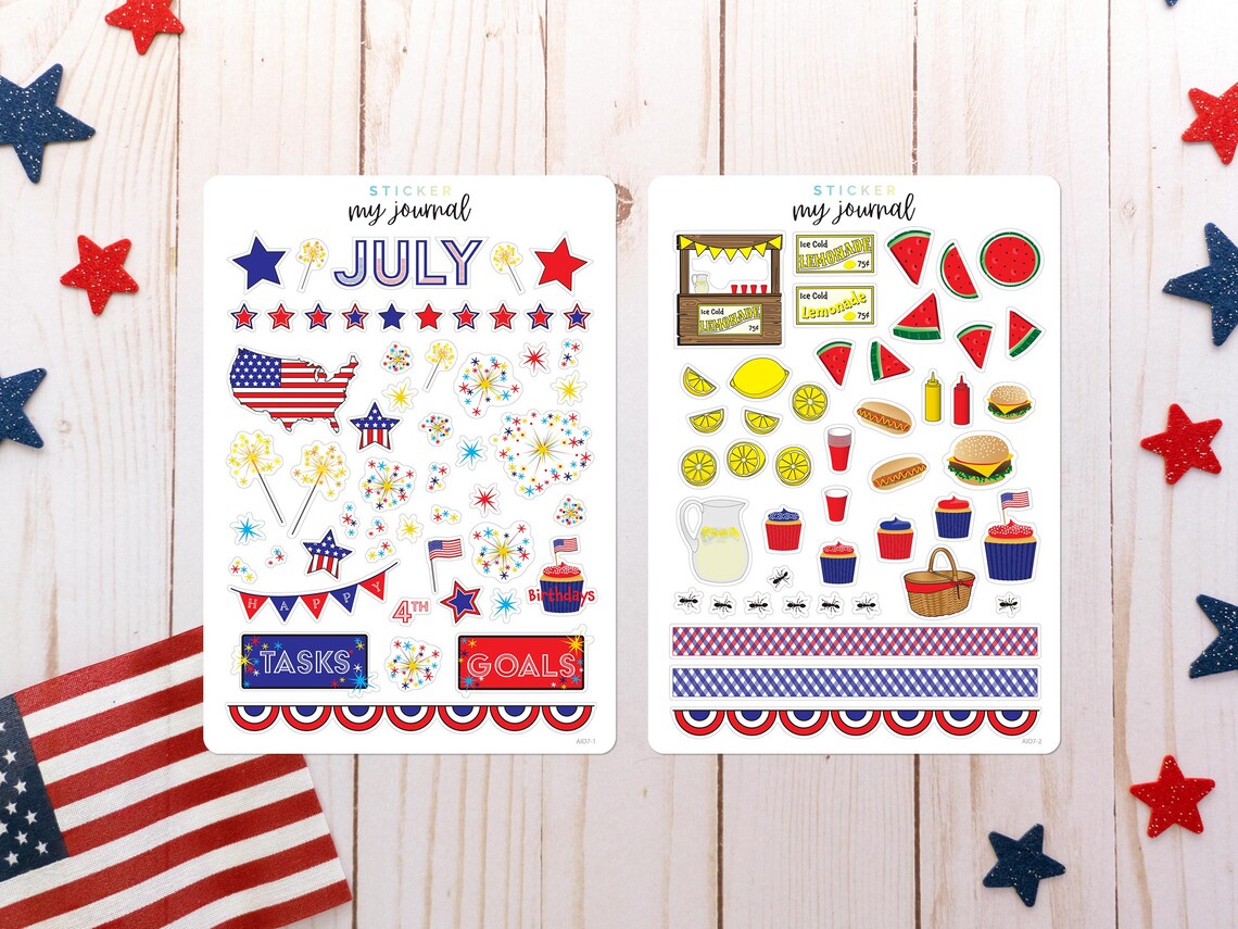 July Monthly Bullet Journal Sticker Kit - Patriotic Stickers for Your ...