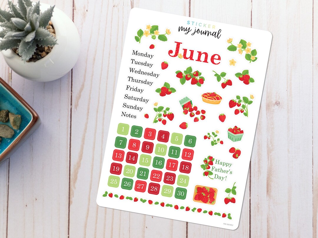 June Bullet Journal Sticker Sheet - Basics - Strawberry Themed Stickers ...