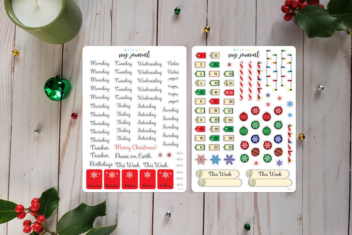 December Monthly Bullet Journal Sticker Kit Christmas Themed - Etsy