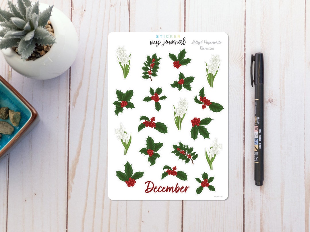 December Flowers of the Month Sticker Sheet | Holly and Paperwhite ...