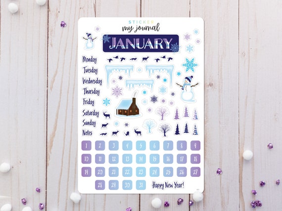January Bullet Journal Sticker Sheet Basics Winter Themed | Etsy