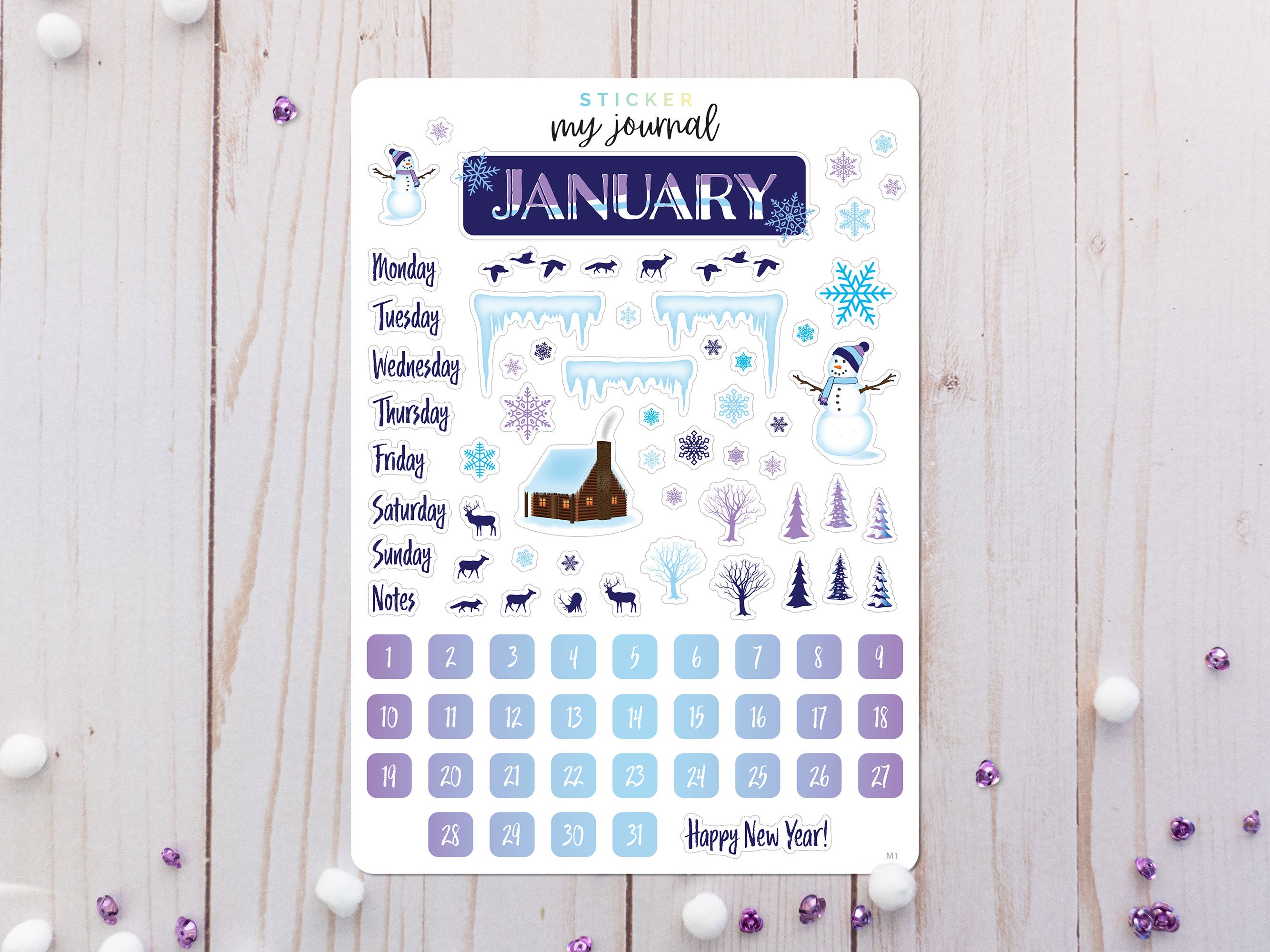 January Bullet Journal Sticker Sheet Basics Winter Themed - Etsy