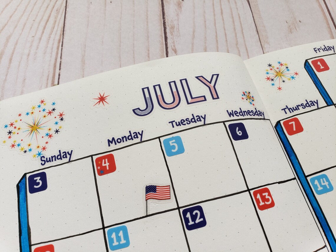 July Bullet Journal Sticker Sheet Basics Patriotic - Etsy