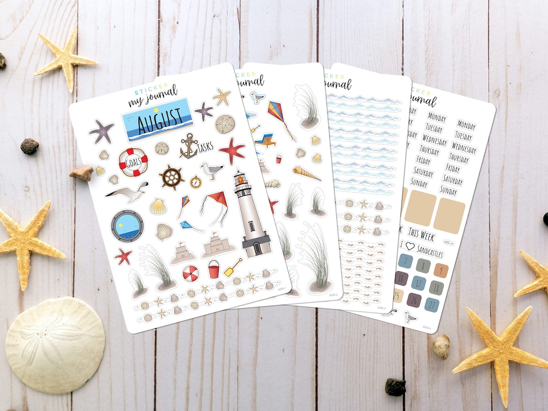 August Monthly Bullet Journal Sticker Kit - Coastal Beach Themed ...
