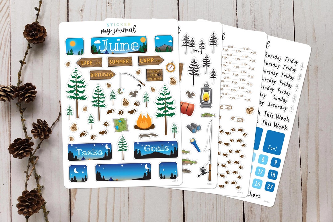 June Monthly Bullet Journal Sticker Kit - Summer Camping Themed ...