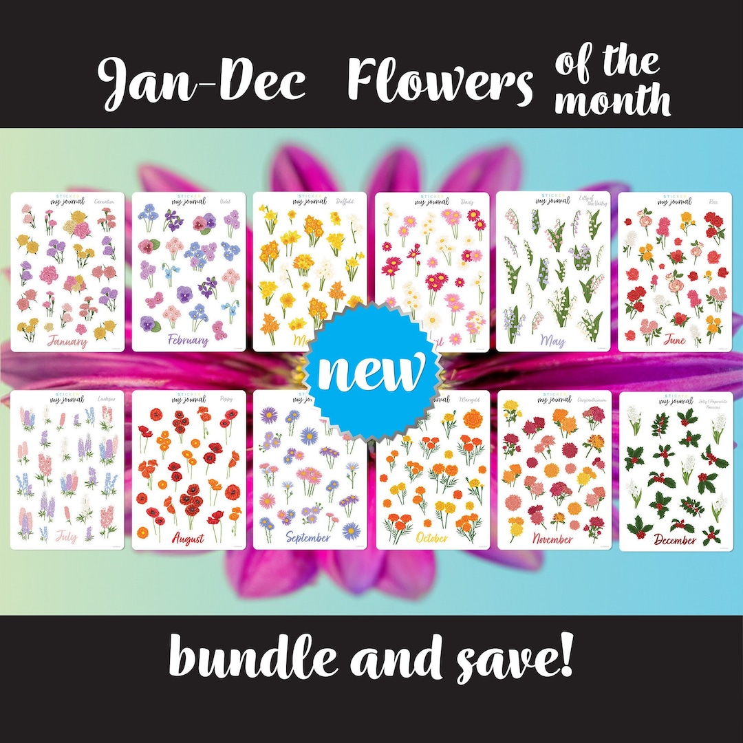 12 Pack of Flower of the Month Sticker Sheets - A Full Year of Themed ...