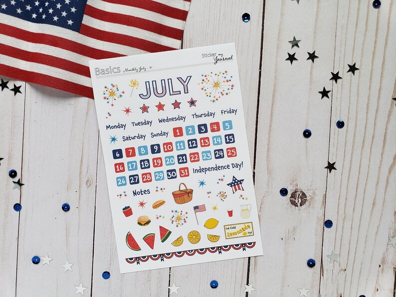 July Bullet Journal Sticker Sheet Basics Patriotic | Etsy