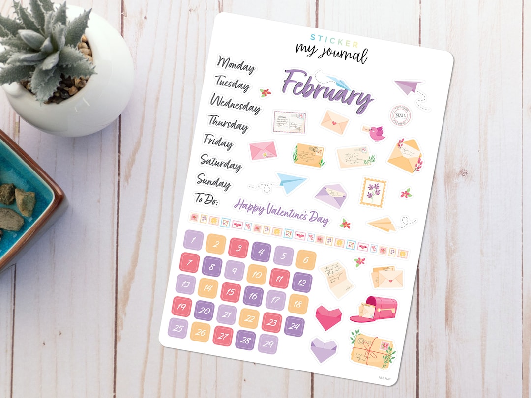February Bullet Journal Sticker Sheet - Basics - Happy Mail Themed ...