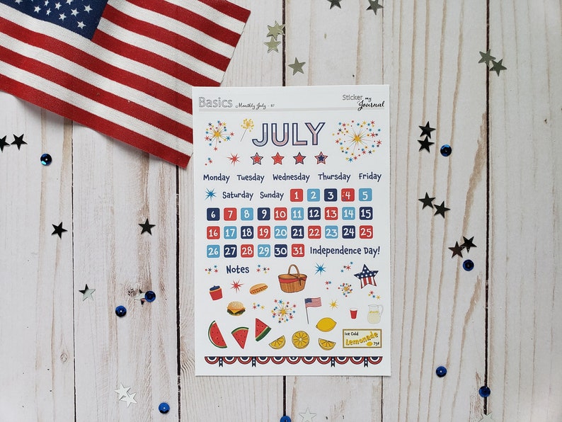 July Bullet Journal Sticker Sheet Basics Patriotic | Etsy