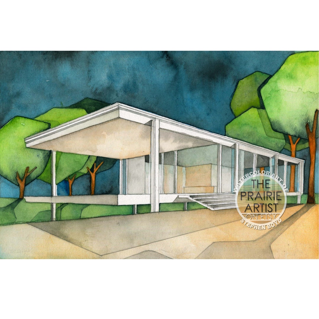 Farnsworth Home Watercolor Art Print, Plano Illinois Architecture, Mies ...
