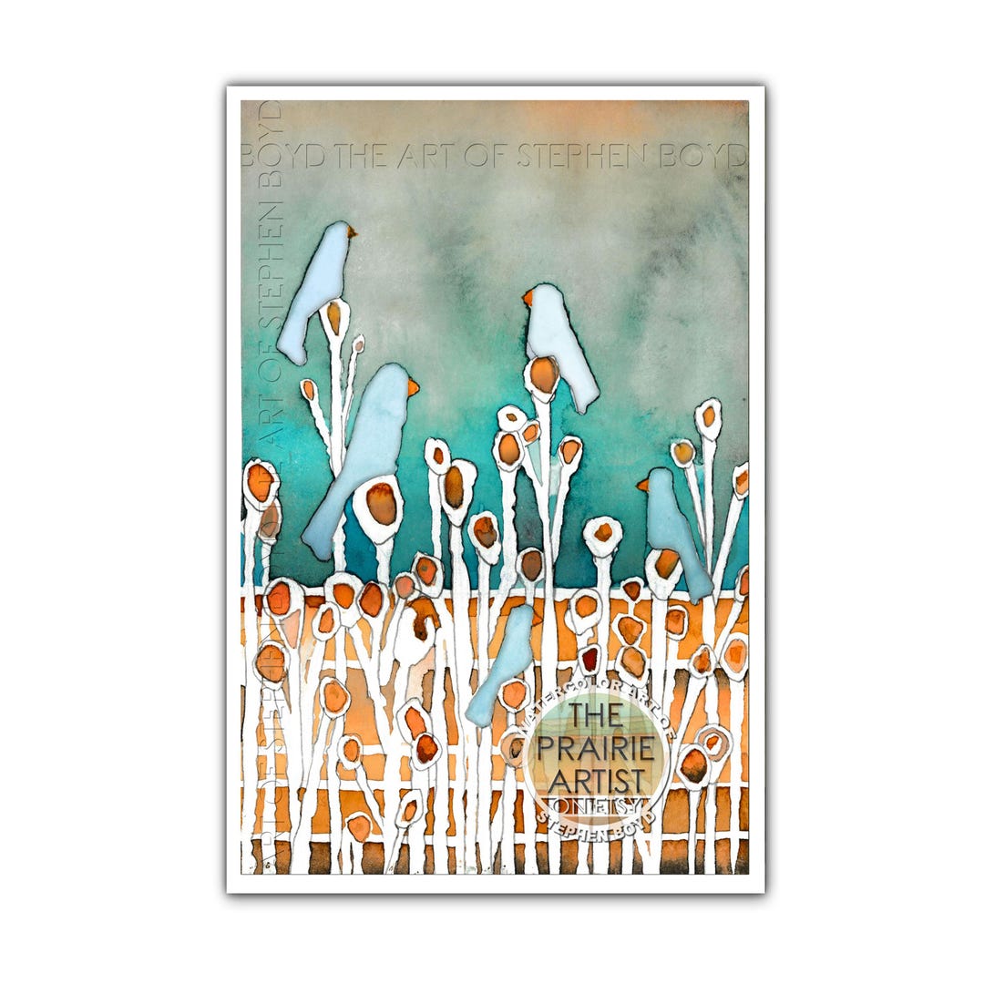 Konza Prairie Bluebirds and Wildflowers Watercolor Art Print, Kansas ...