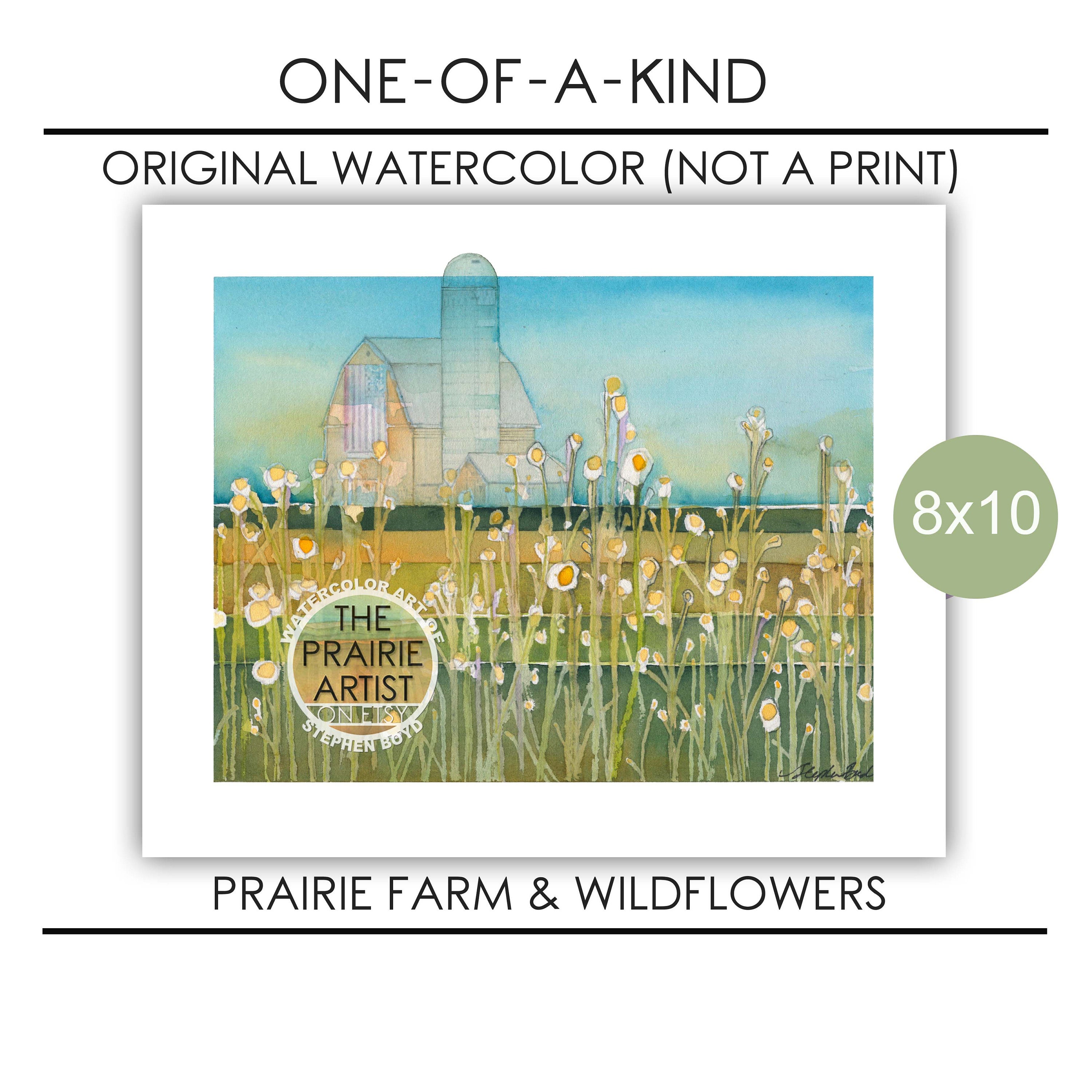 Prairie Barn American Flag and Wildflowers HAND PAINTED Watercolor Art ...