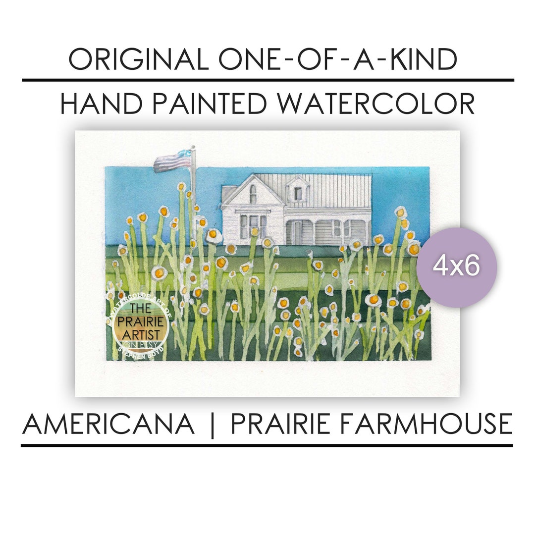 Prairie Farmhouse With American Flag HAND PAINTED Watercolor Art, 4 X 6 ...