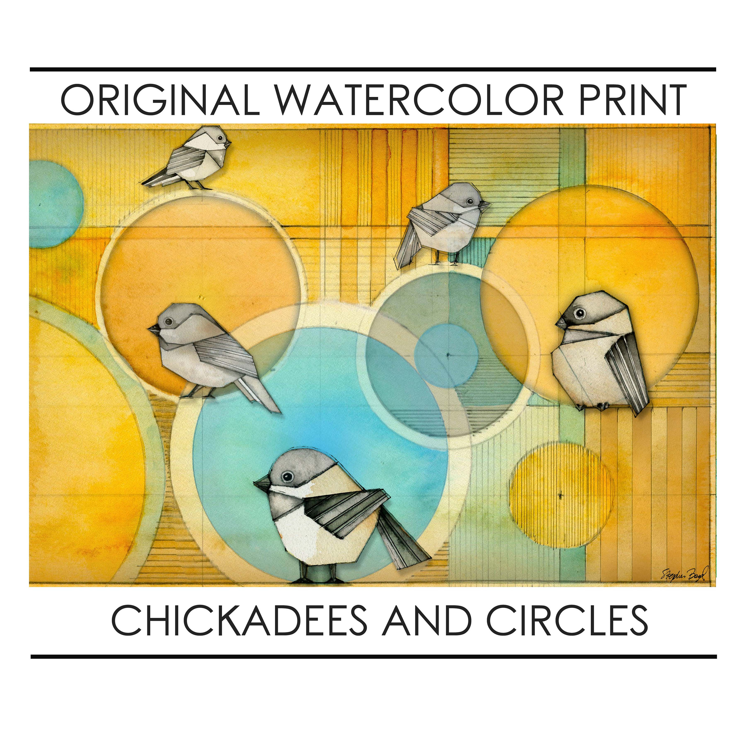 Chickadees With Prairie Style Orange and Blue Circles Watercolor Print ...