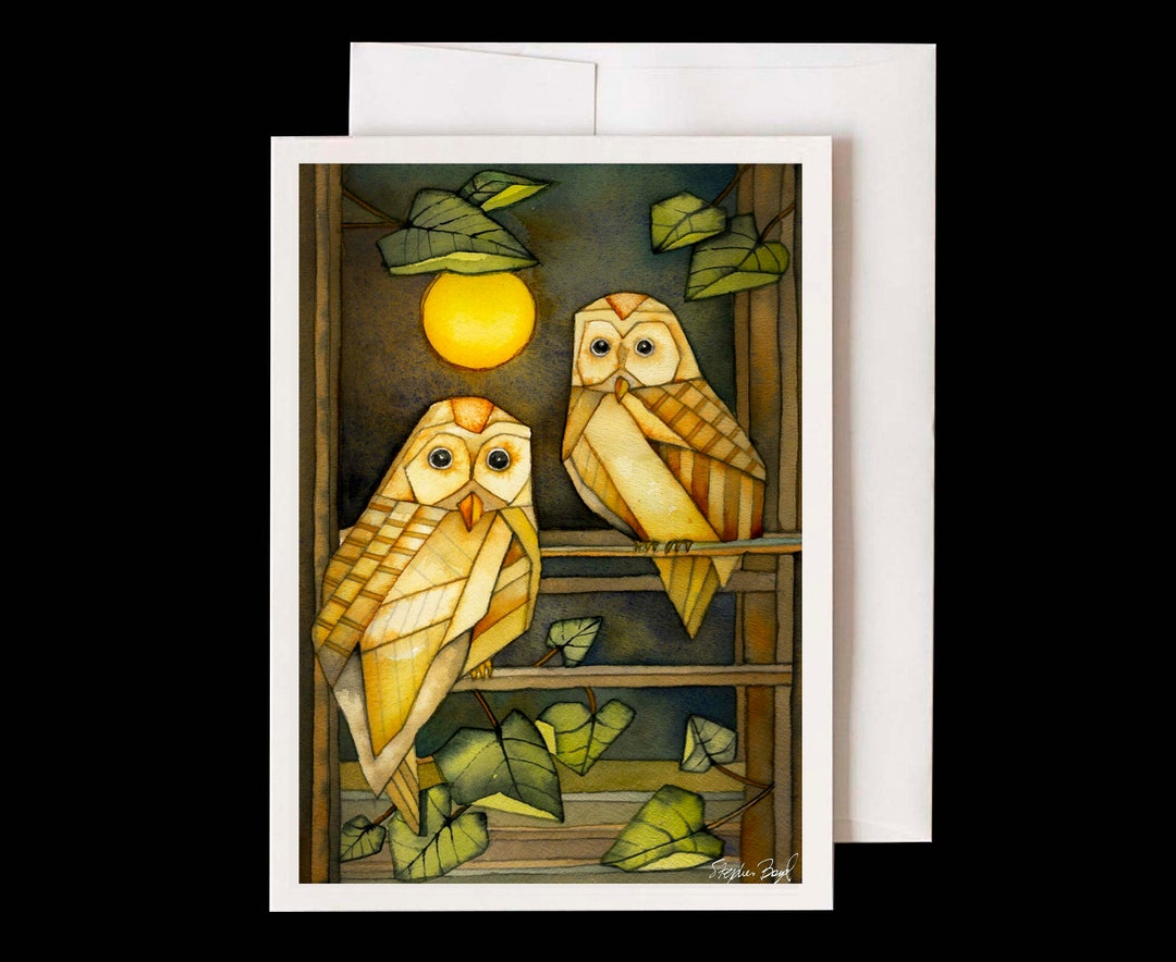 Barn Owls and Moonlight Watercolor Greeting Card, Owl Note, Blank All ...