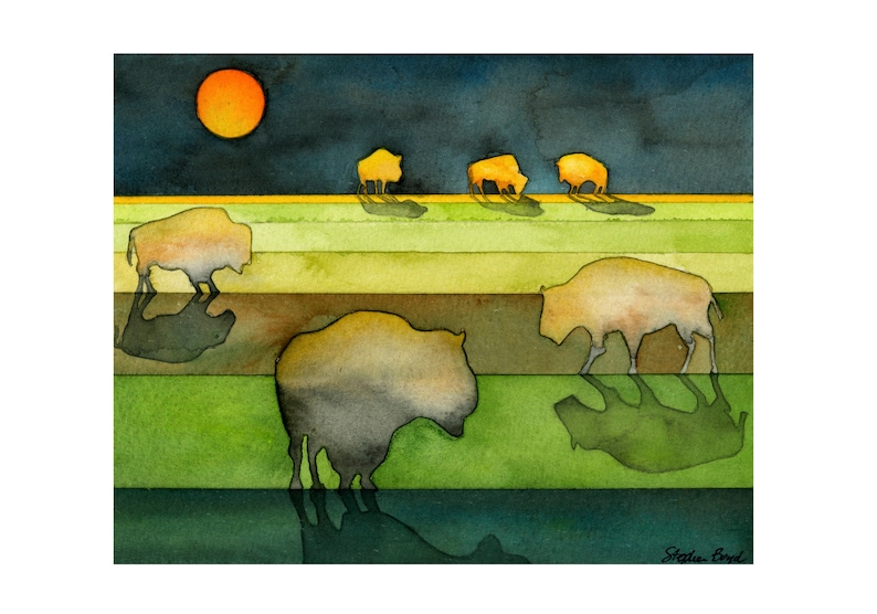 Midnight Bison Watercolor Print, Konza Prairie, Buffalo in the ...