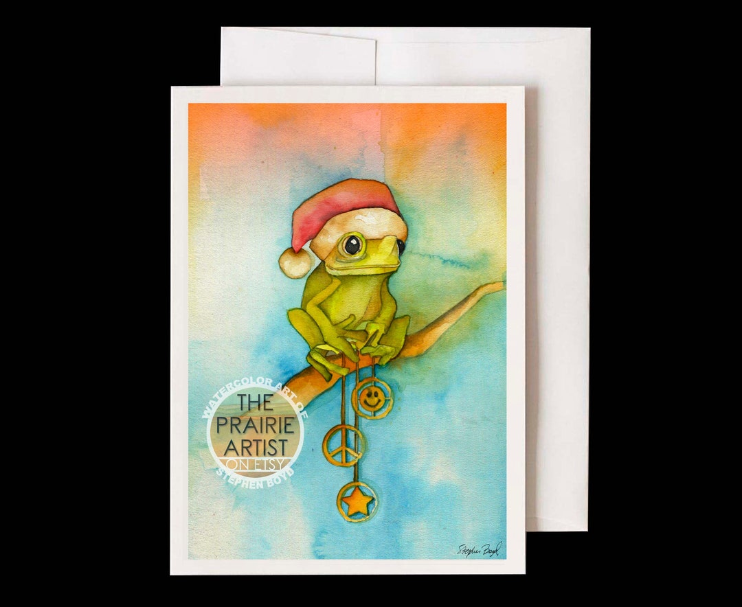 Santa Tree Frog Watercolor Christmas Card, Frog Art XMAS Scene, Frog in ...