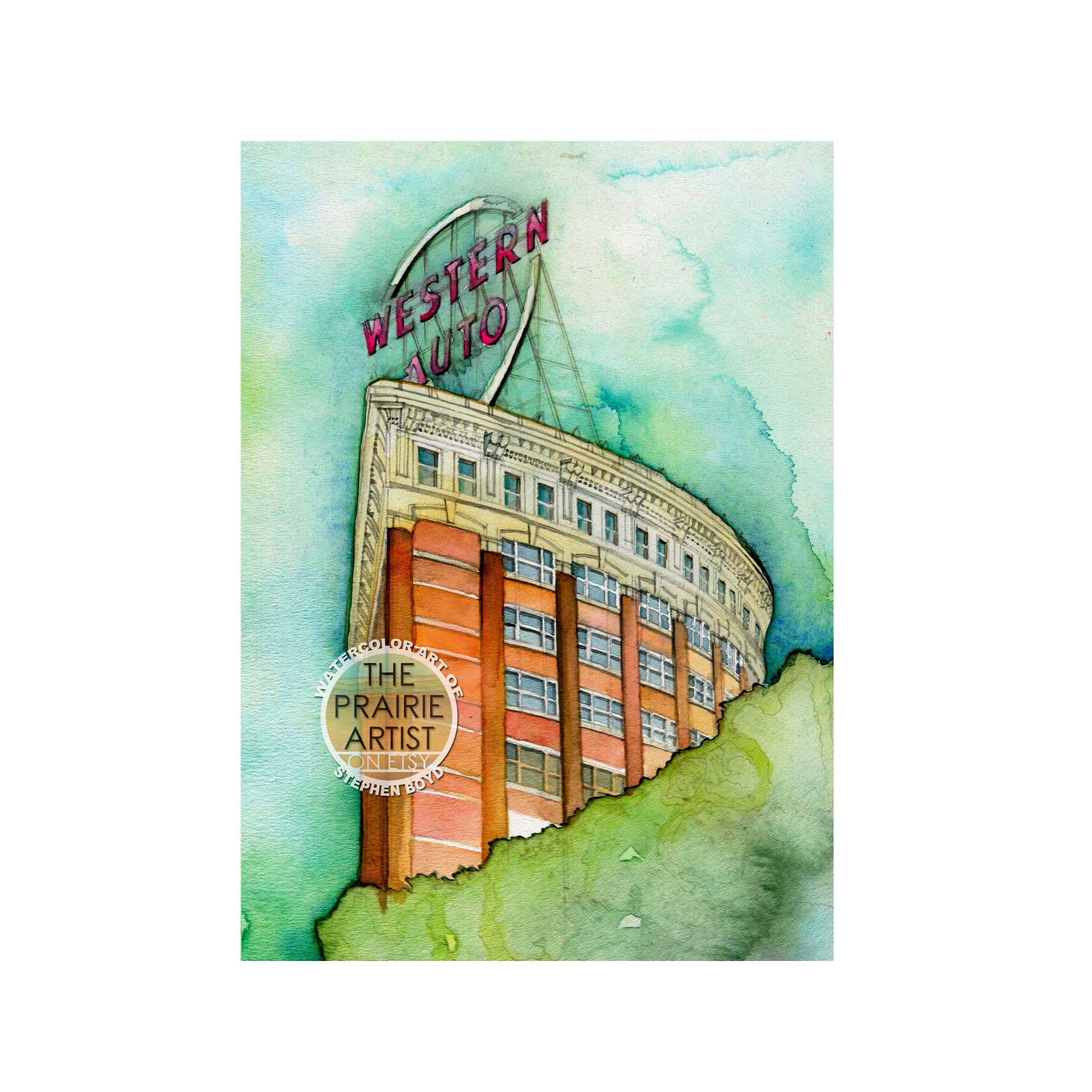 Western Auto Lofts Kansas City Watercolor Art Print, Landmark Lofts, KC ...