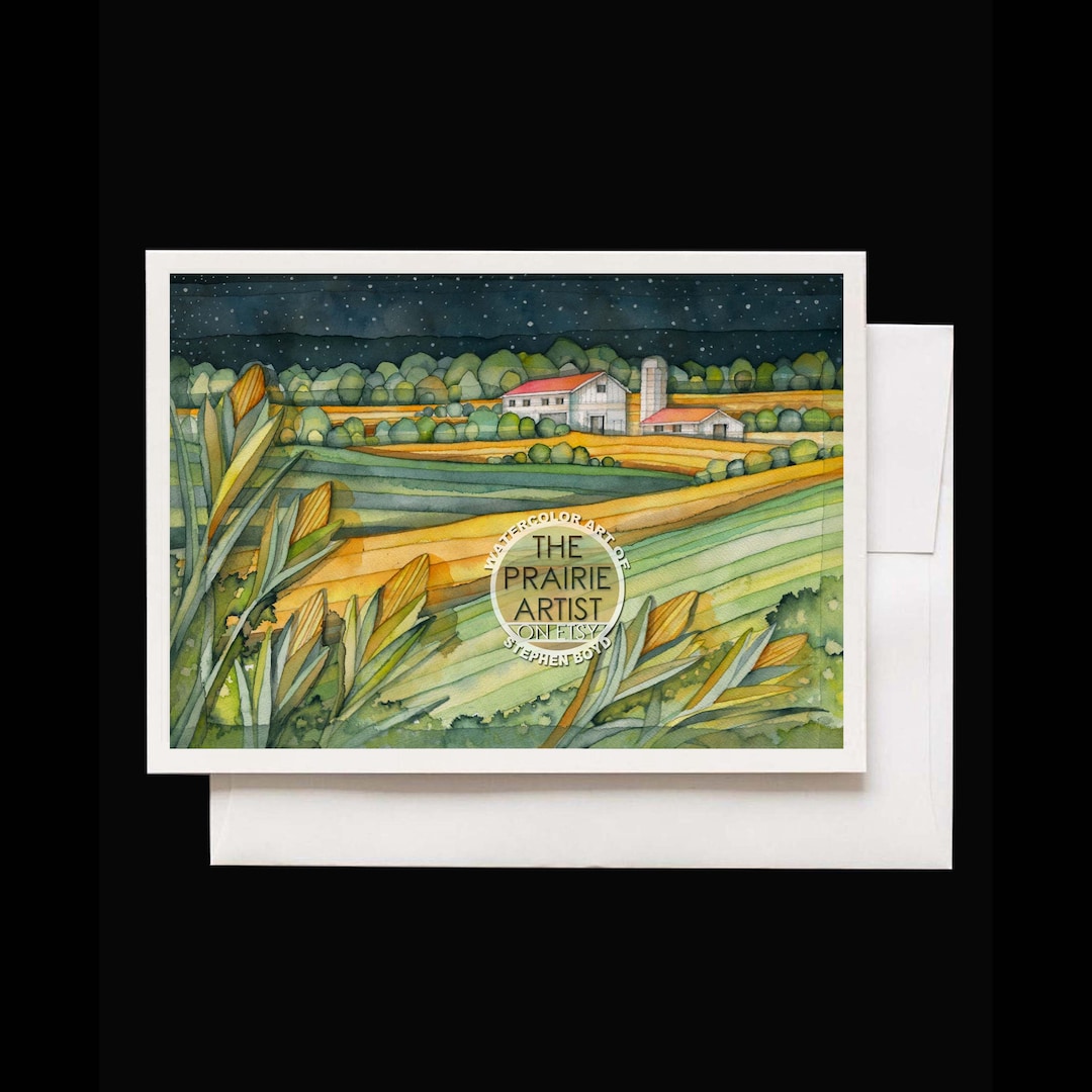 Harvest Corn and Prairie Farm Watercolor Card, Farmland Art Note Card ...