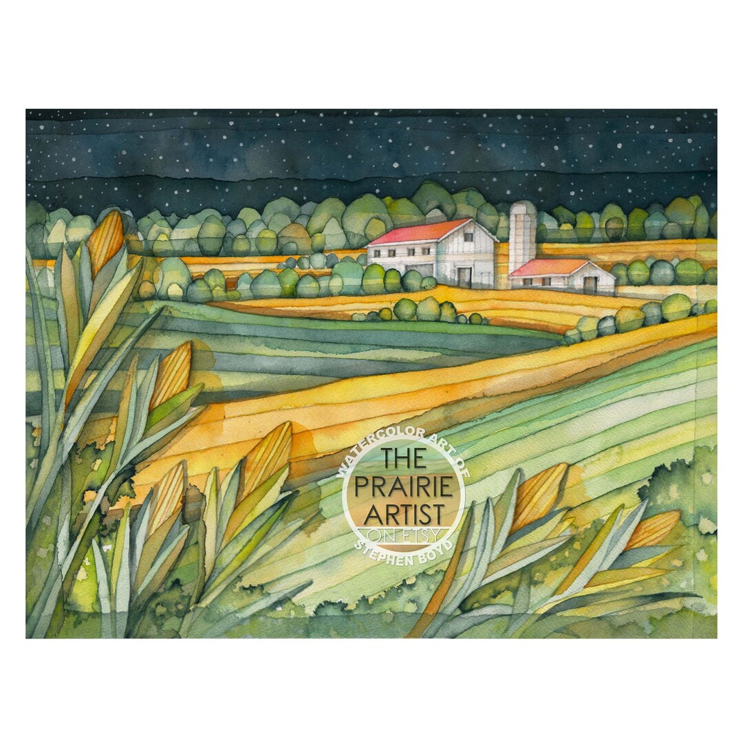 Moonlit Harvest Corn on the Prairie Farm Watercolor Print, Nighttime ...