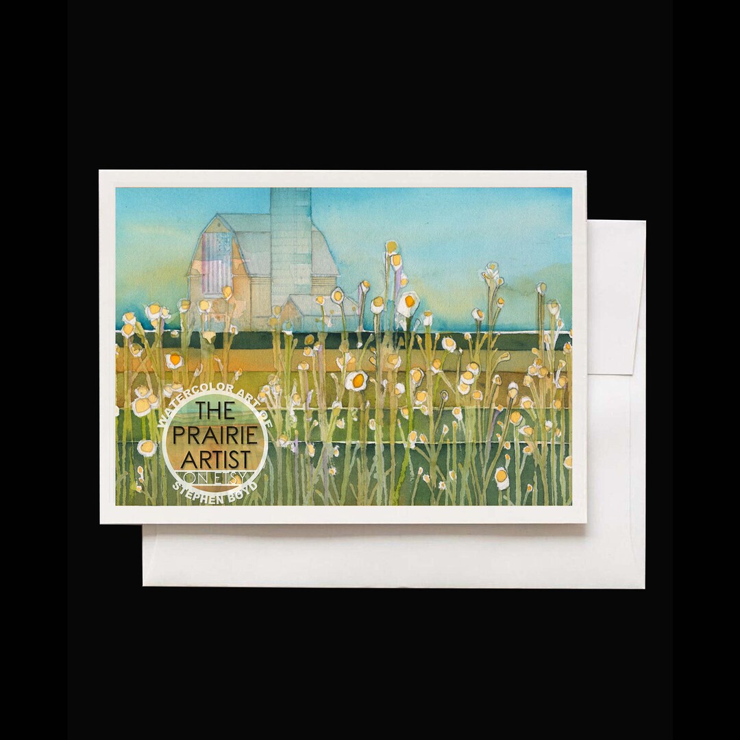 Prairie Wildflowers and Farmer's Barn Watercolor Note Card, American ...