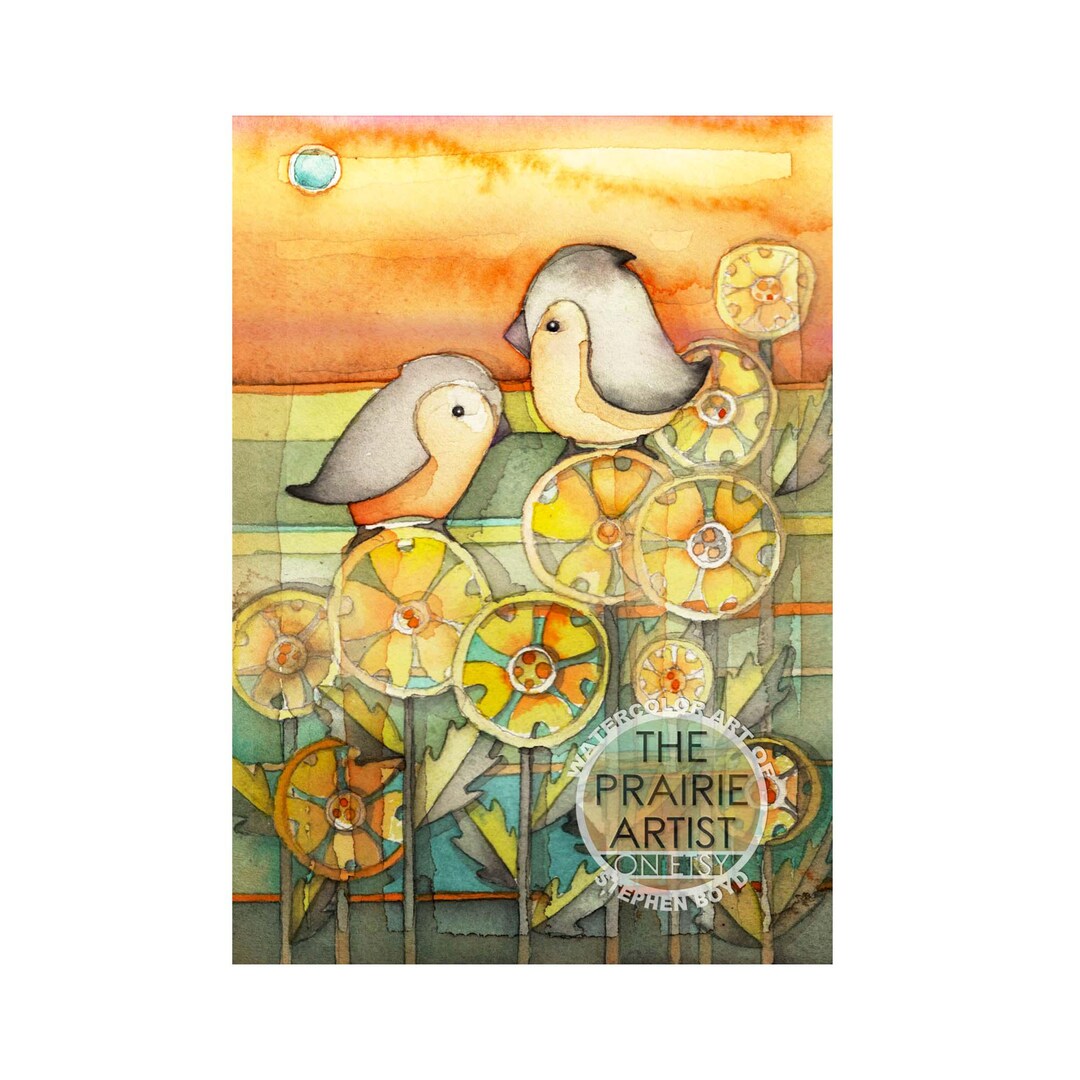 Konza Prairie Birds and Wildflowers Watercolor Art Print, Tufted ...