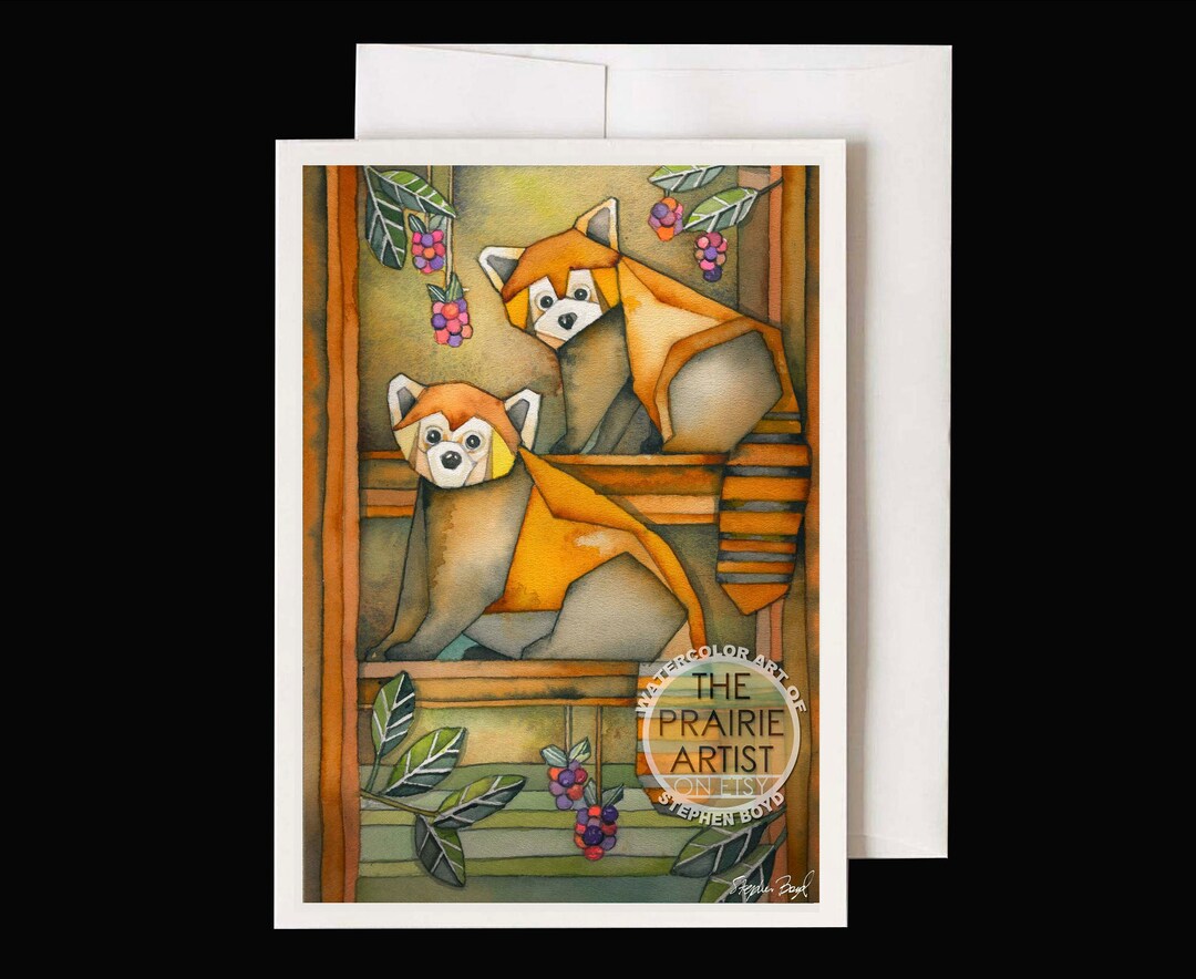 Red Pandas and Berries Watercolor Notecard, Animal Artwork, Firefox Art ...