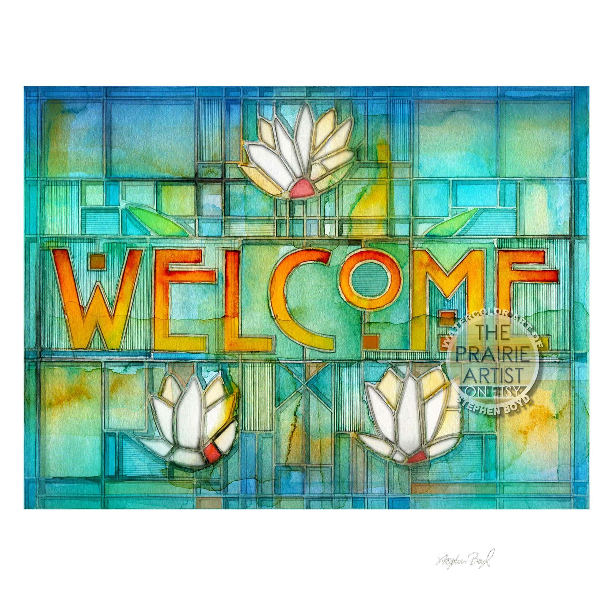 Water Lilies Welcome Watercolor Art Print, Stained Glass Window, Lily ...