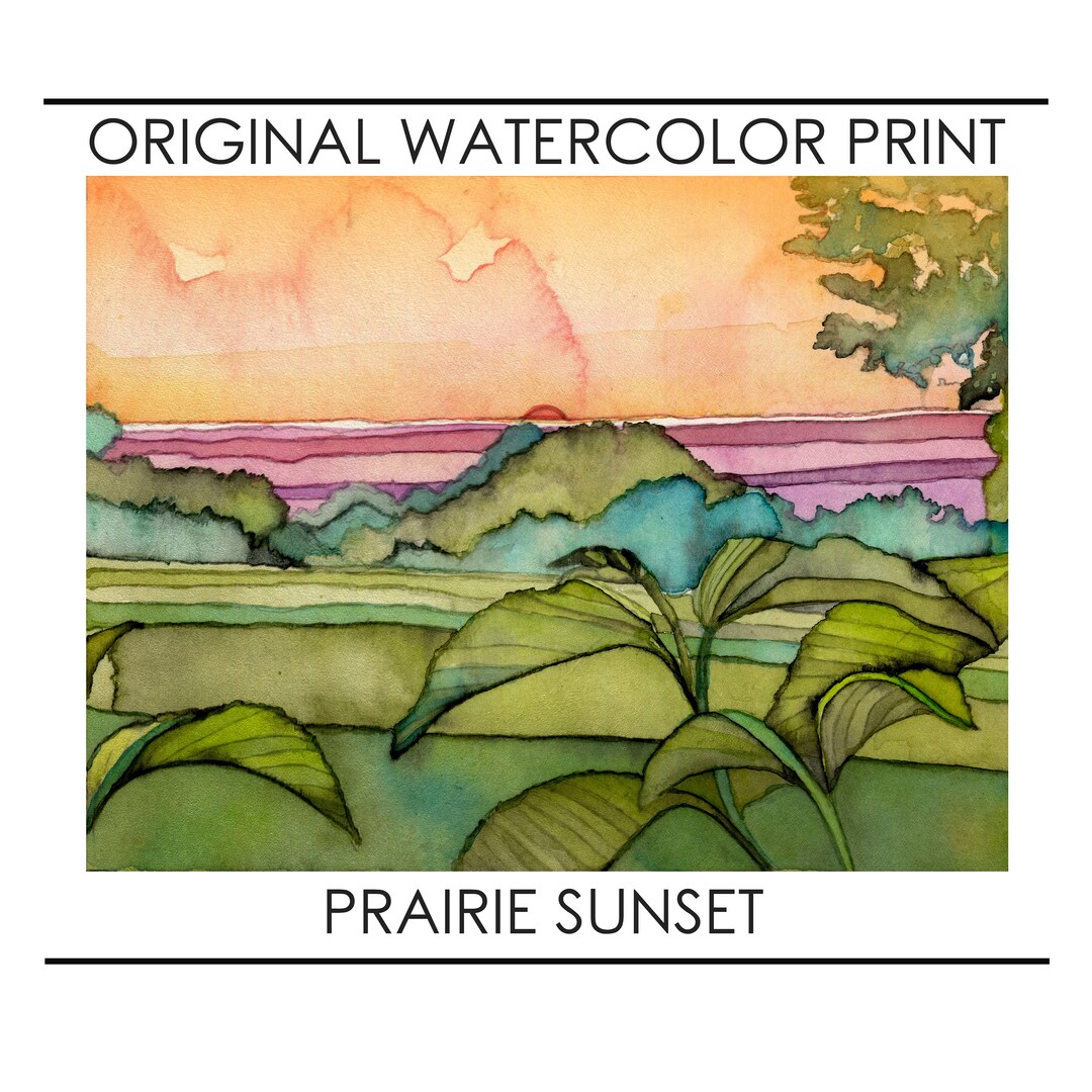 Prairie Sunset Landscape Watercolor Art Print, Setting Sun on Midwest ...