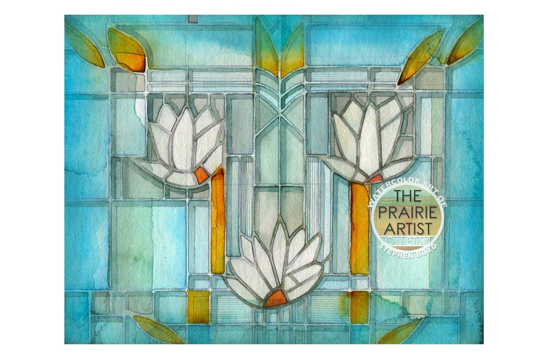 Mission Style Water Lilies Watercolor Stained Glass, Inspired by Wright ...