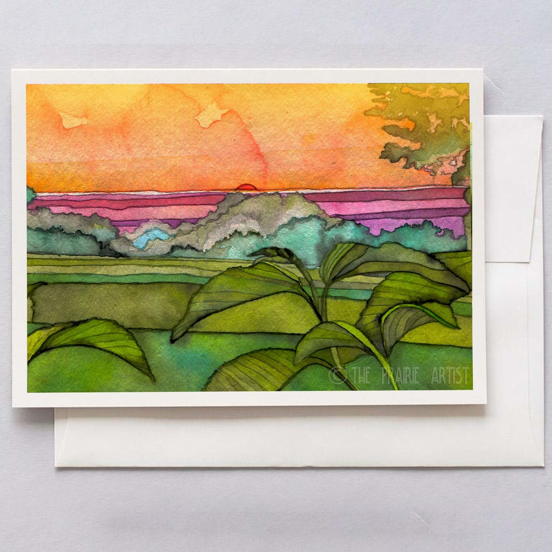 Great Plains Prairie Watercolor Sunset Note Card, Midwest Rolling Hills ...